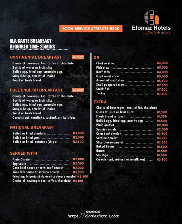 Menu – Elomaz Hotels…Affordable Luxury, Hotels in Ikeja, Cheap Hotels ...