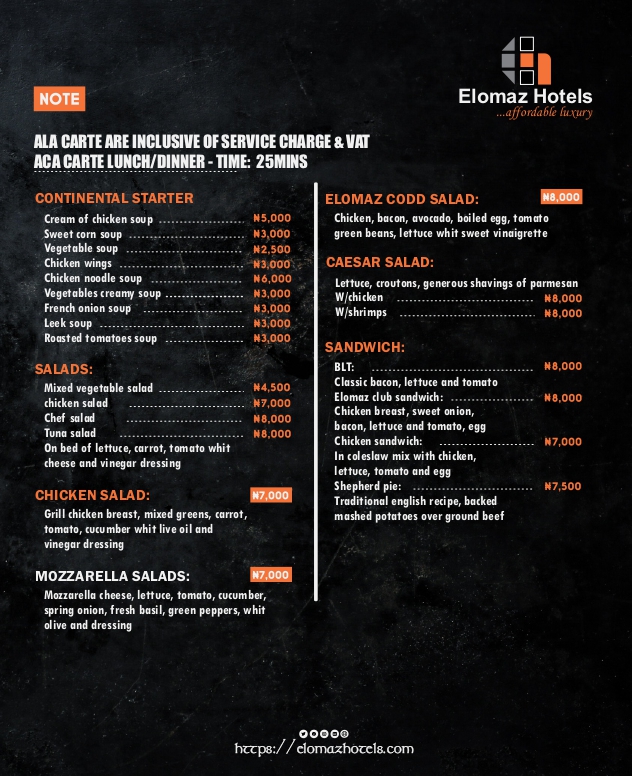 Menu – Elomaz Hotels…Affordable Luxury, Hotels in Ikeja, Cheap Hotels ...