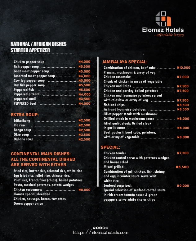 Menu – Elomaz Hotels…Affordable Luxury, Hotels in Ikeja, Cheap Hotels ...