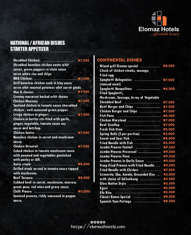Menu – Elomaz Hotels…Affordable Luxury, Hotels in Ikeja, Cheap Hotels ...